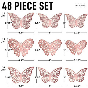 Zulay Home 3D Butterfly Wall Decor - 48pcs Butterfly Decor with 3 Wing Designs - Removable DIY Butterfly Decorations for Room, Birthdays, Parties, Cake, Weddings, Kids Bedroom (Metallic Rose Gold)