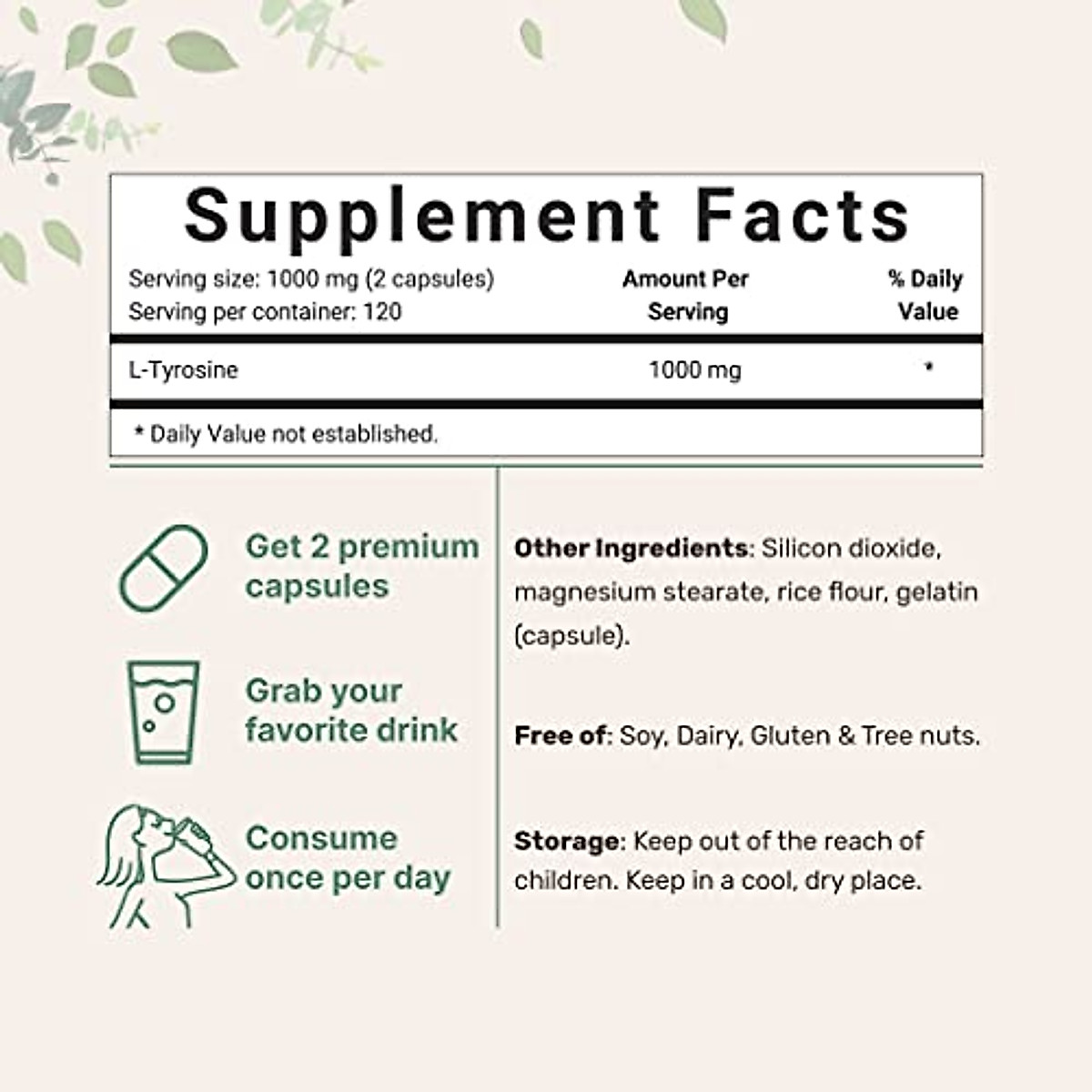 Plant Based L Tyrosine Pills, 1000mg Per Serving, 240 Capsules, Premium Tyrosine Pre Workout Supplement, Supports Mental Alertness Neurotransmitter, Non-GMO and Easy to Swallow