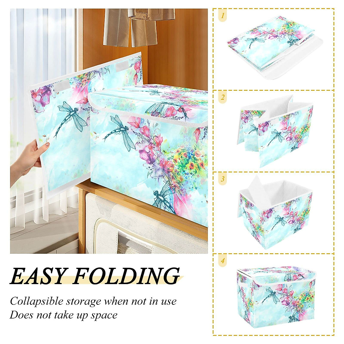 WELLDAY Flower Dragonfly Storage Baskets Foldable Cube Storage Bin with Lids and Handle, 16.5x12.6x11.8 In Storage Boxes for Toys, Shelves, Closet, Bedroom, Nursery