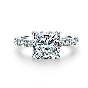 BeFab Sterling Silver Classic 3 Ct Princess Accented Solitaire Engagement Ring Square Cut Anniversary Ring (Silver, 7)