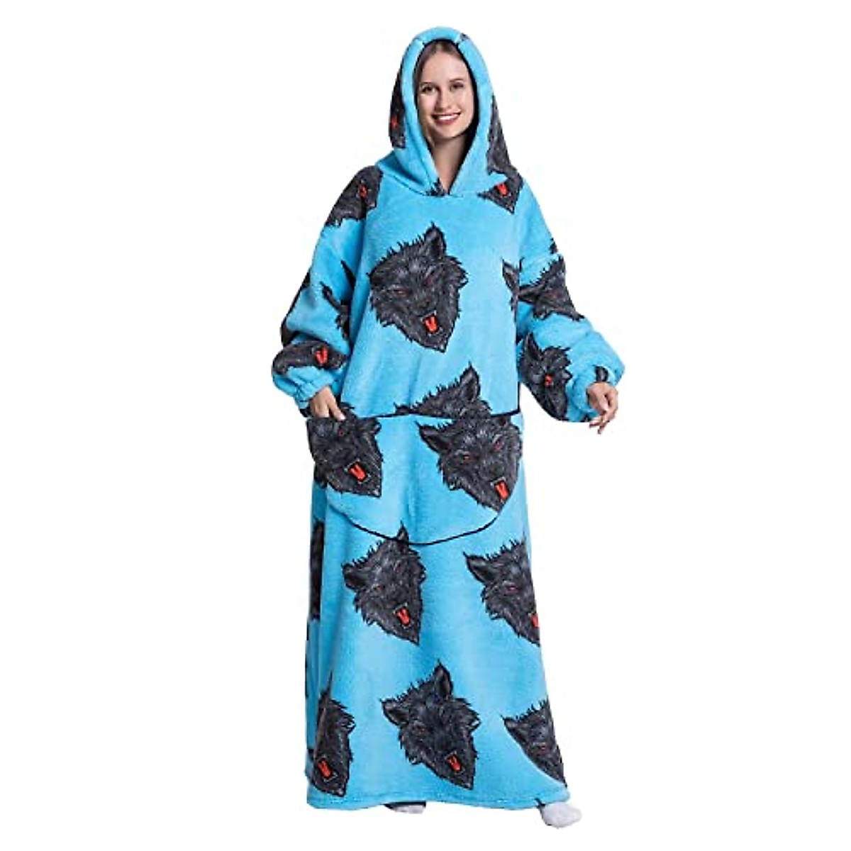 Long Wearable Blanket Hoodie for Women and Men,Lengthened Hooded Blanket for Adult Oversized Sherpa Sweatshirt Flannel Hooded Blanket with Hood Giant Pocket,Wolf