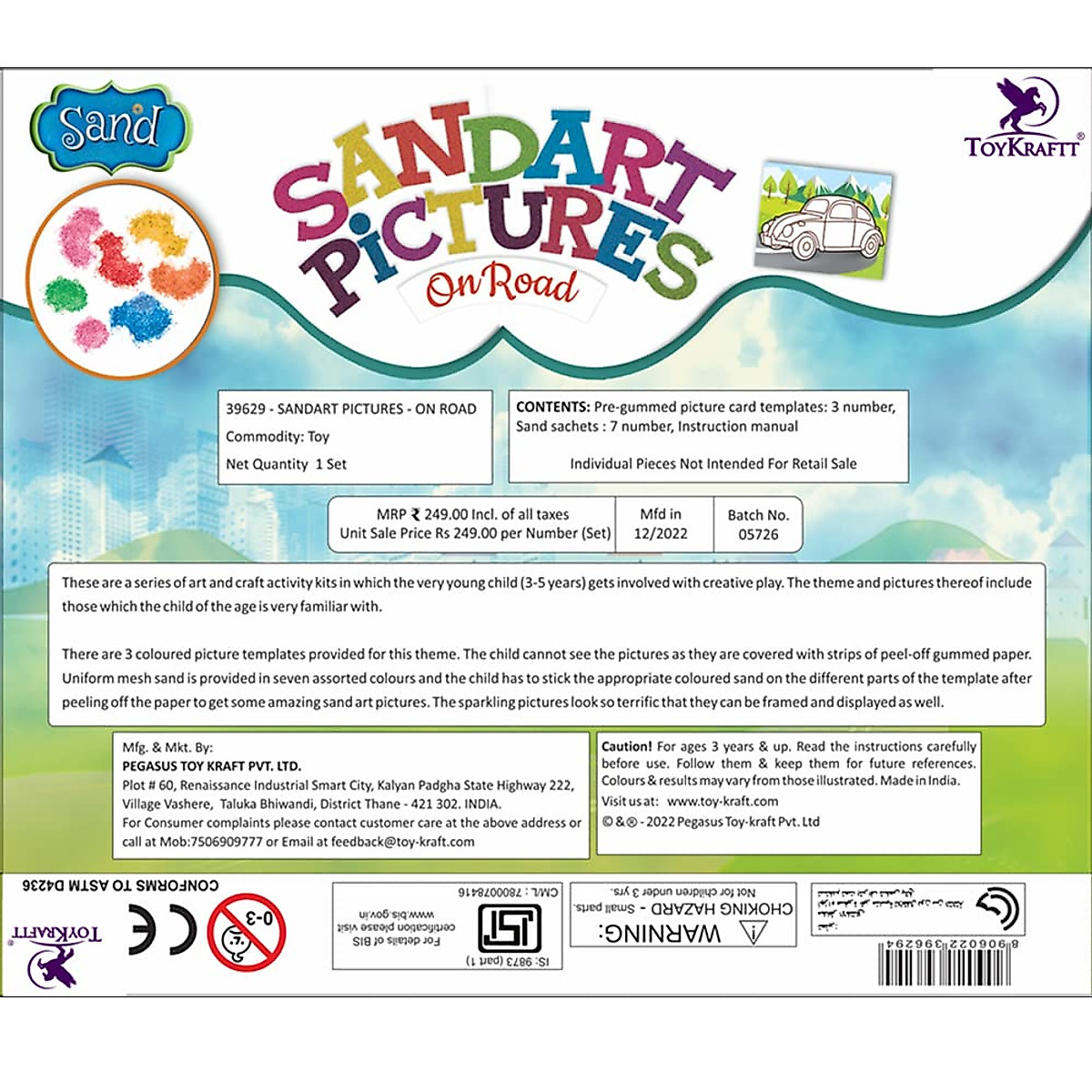 Toykraft: Sand Art Kit for Kids, Arts and Crafts Kits for Kids, Toddler Craft for 3-6 Years, Peel and Stick Activity - On Road Vehicles