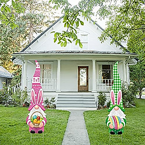 Easter Gnome Yard Signs 2 PCS Easter Bunny Eggs Garden Signs 47 Inch Large Plastic Outdoor Signs Pink Green Gnome Lawn Sign with Stakes H Frames for Spring Holiday Party Decor Patio Pathway