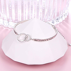 FLYOW 925 Sterling Silver 2 Interlocking Infinity Circles Bracelet with Message Not Sisters By Blood, But Sisters by Heart, Adjustable Sisters Bracelets Friendship Jewelry for Women (Two Circles)