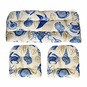 RSH Décor: 3 Piece Tufted Wicker Settee and Chair Cushion Set | Indoor/Outdoor All Weather Polyester Pattern Fabric | Reversible | 1 Loveseat 41”x19 & 2 U-Shape Cushions 19"x19" | Blue Tan Crab