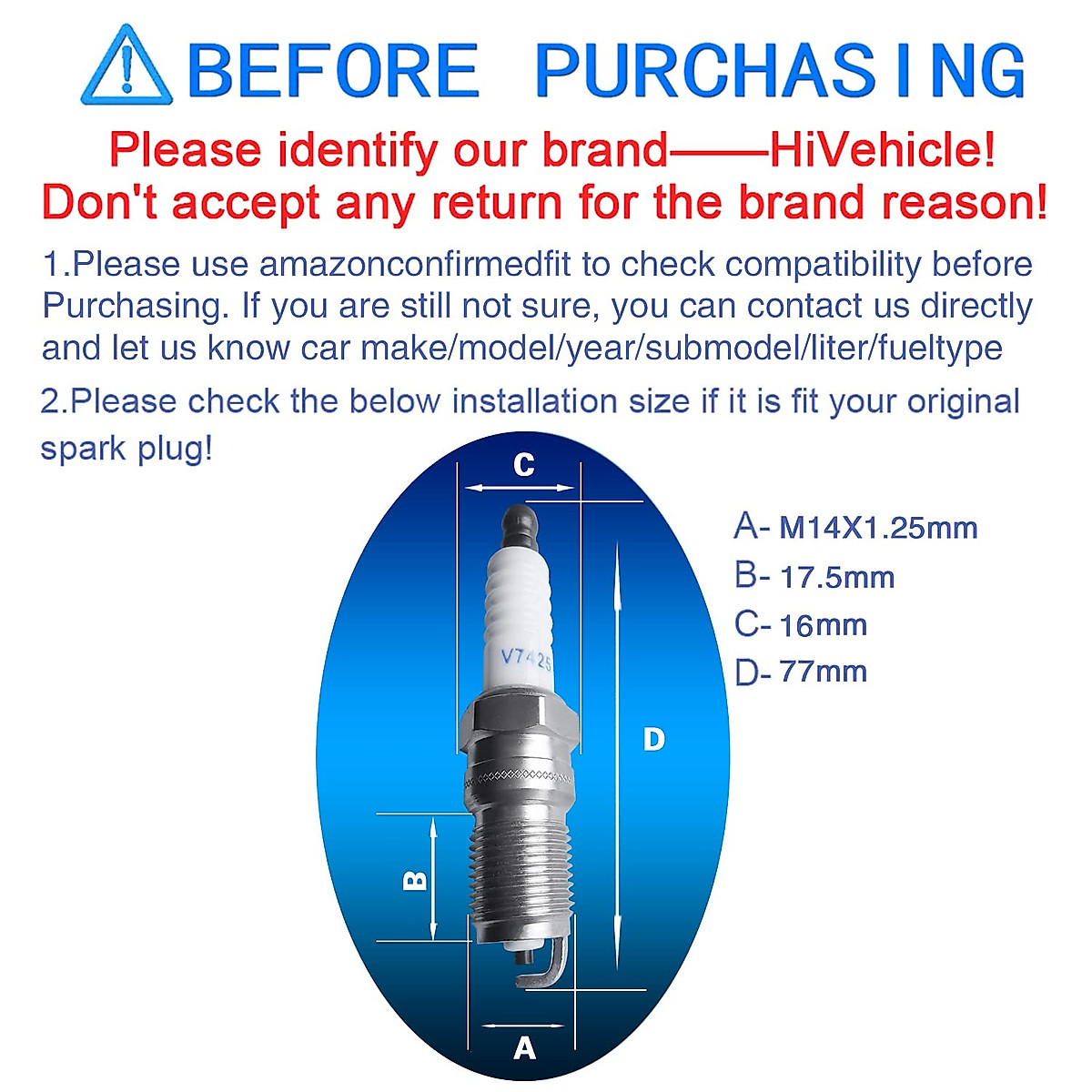 HiVehicle V7425 Spark Plugs – Replacement of #3951 TR55 (6 Pack)