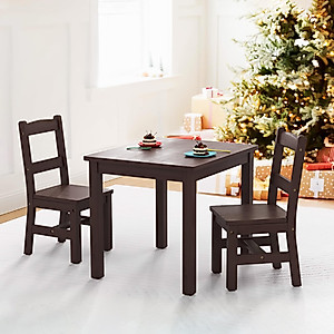 Curipeer Solid Wood Kids Table and 2 Chair Set, Toddler Activity Table and Chairs, Carved Rivet Decoration Furniture for Children's Craft, Playroom, Bedroom, Art, Reading