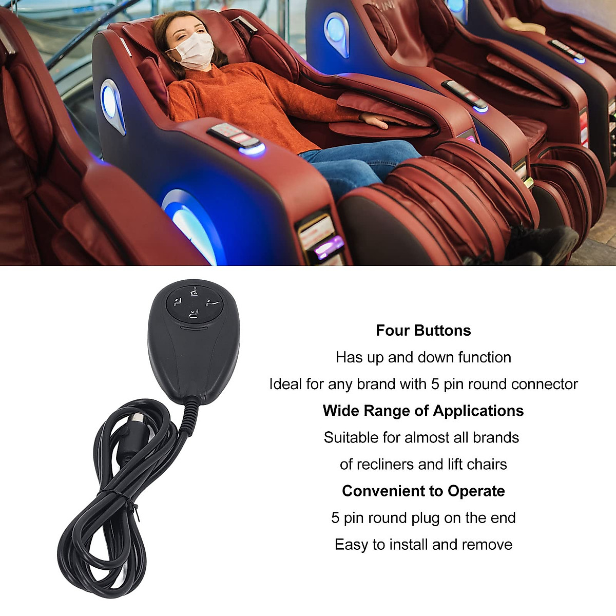 Lift Chair Remote 5 Pin Round Connector 4 Buttons Up and Down Functions Replacement Hand Control Handset for Power Recliner