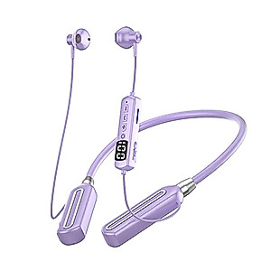 5.0 Neck Hanging Wireless Bluetooth Headset Intelligent Digital Display Can Be Inserted Into The Card, Sports Range Noise Cancellation Can Call (Purple)