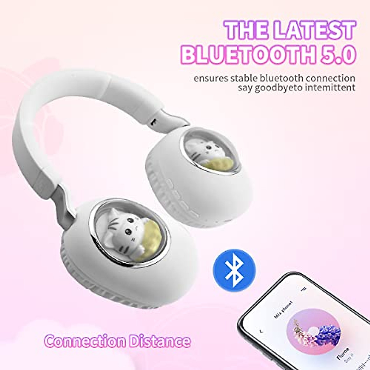 YUSONIC Wireless Headphones with led Lights， Kids Headphones for Girls Bluetooth Light up Over Ear with Microphone and sd Card for School/Travel/Phone/Kindle/pc/tv / MP3. (White)