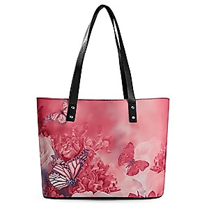 Womens Handbag Red Roses And Butterfly Leather Tote Bag Top Handle Satchel Bags For Lady
