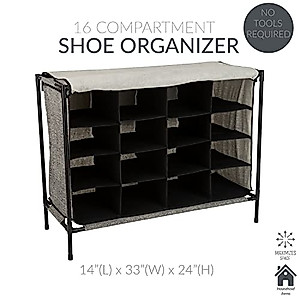 Simplify 16 Pair Shoe Rack with Cover | Dimensions: 14" x 33" x 24" | 16 Compartments | Stackable | Cover | Multipurpose | Easy to Assemble | Black