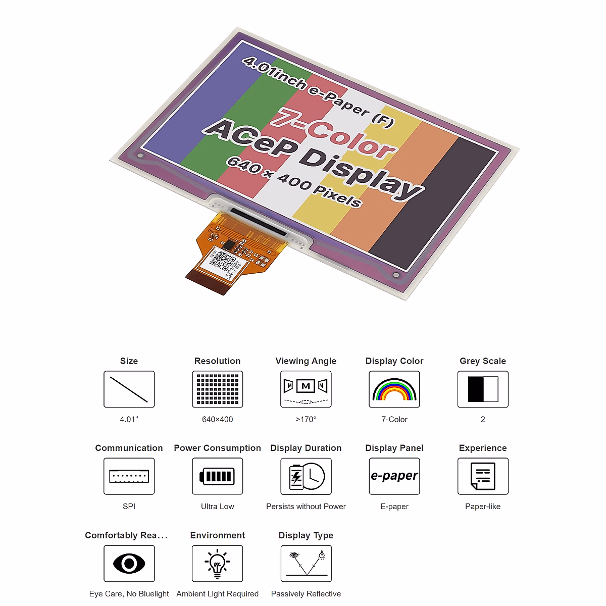 waveshare 4.01 inch Colorful E-Paper E-Ink Display 640×400 ACeP 7-Color eink Raw Display 3.3V Advanced Color ePaper Screen Without PCB, SPI Interface