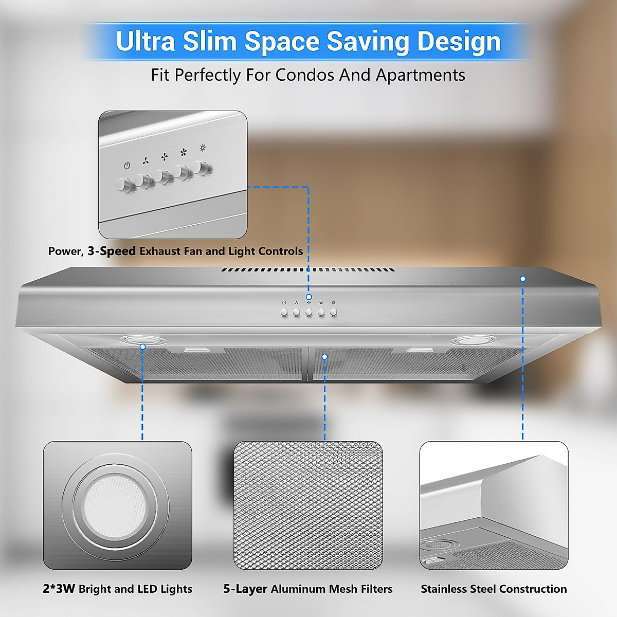 TAZPI 400 CFM Under Cabinet Range Hood 30 Inch, Stainless Steel Stove Vent Hood with 3 Speed Kitchen Exhaust Fan and Two Bright LED Light, Kitchen Hood 30 Inch for Duct/Ductless Convertible