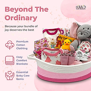 Bundle of Joy Deluxe New Baby Gift Basket | Newborn Baby Girl Gift Set with Baby Essentials | Baby Gift Basket for Expecting Moms | Baby Layette Set | Pink Baby Gift Set | Nikki's Gift Baskets