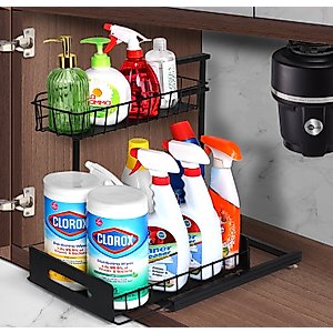 JUPELI Under Sink Organizers and Storage, 2 Tier Pull Out Under Sink Storage for Kitchen With Sliding Drawer, Metal Height Adjustable Bathroom Cabinet Organizer Shelf, Kitchen Organizers and Storage