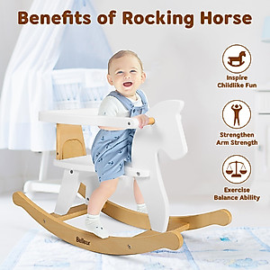 Belleur Wooden Rocking Horse for Toddler 1-3 Year Old, Baby Wood Ride-on Toys with Removable Fence for Indoor & Outdoor Activities, Boys & Girls Rocking Animal for Birthday Pink