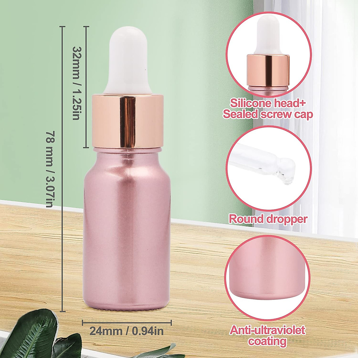 6 Pcs,10ml Coated Pink Glass Essential Oil Dropper Bottle,Empty Thick Glass Perfume Diffuser Vials With Glass Pipette&Rose-Gold Lid Travel Liquid Holder,Ray Protection Container-FREE 2 Funnel