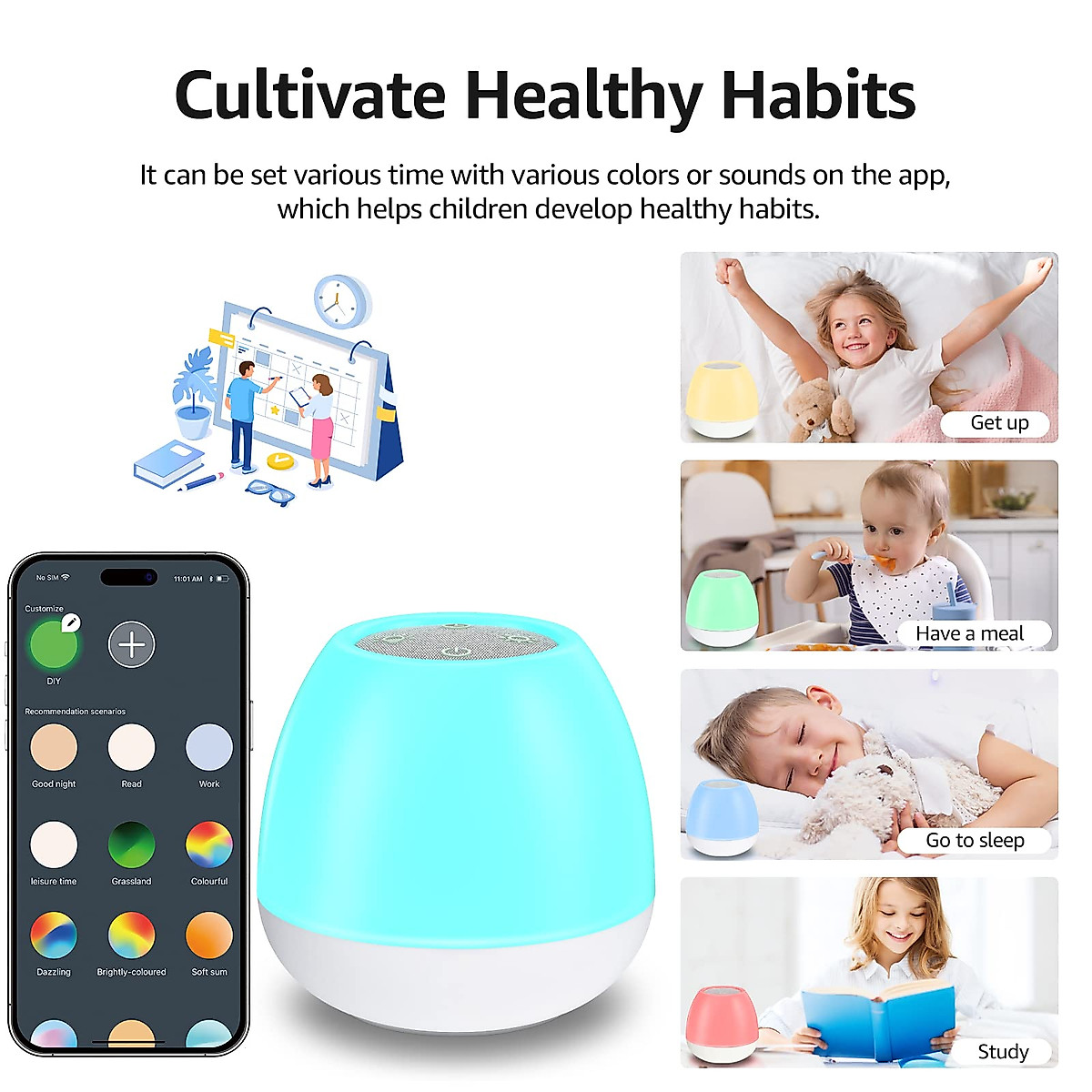 BGOVERSS White Noise Machine for Baby Kids Adults, Sleep Sound Machine with 20 Adjustable Volume & 14 Soothing Stereo Sounds, 5 Timer & Memory Function, Adjustable Night Light for Sleeping