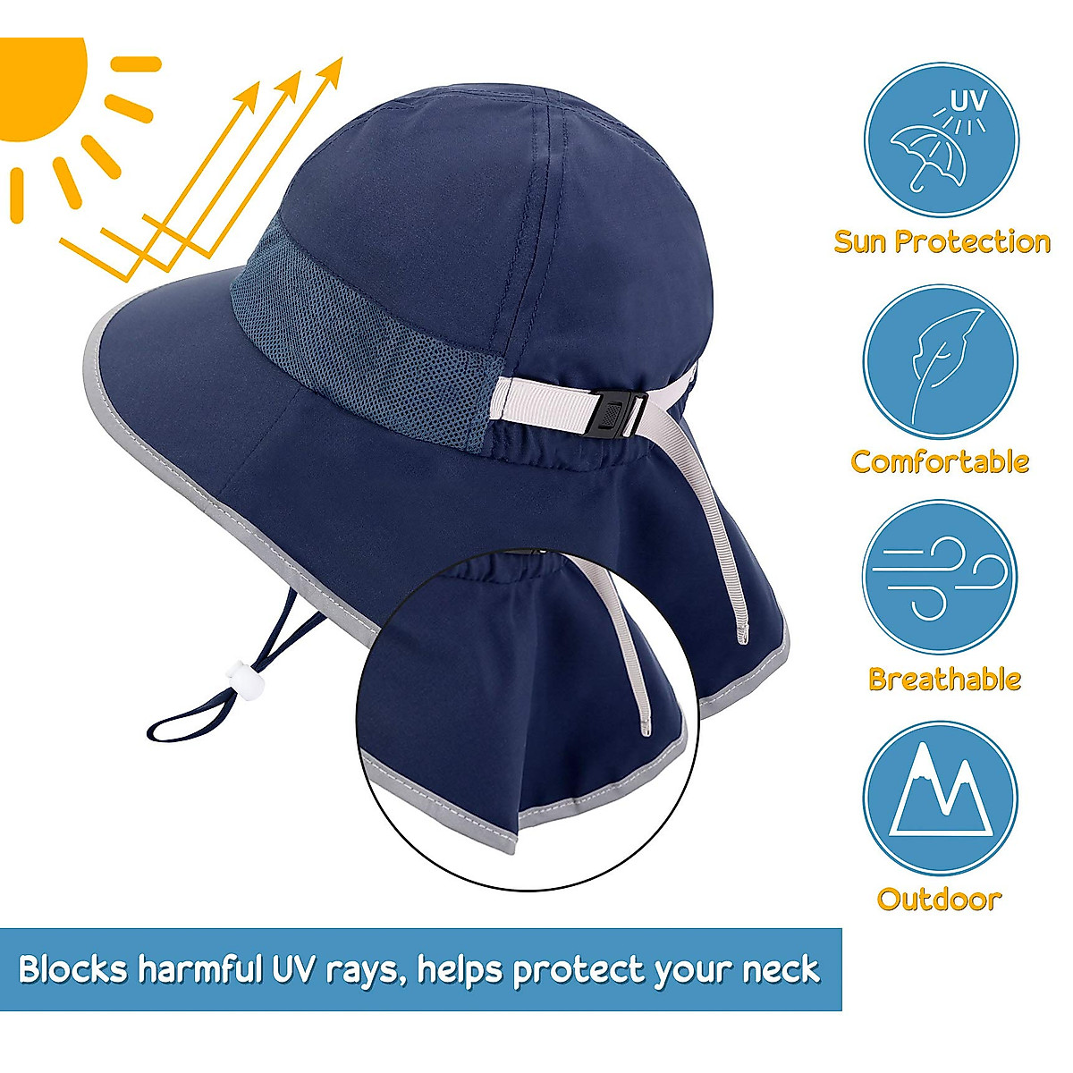 Toddler Hat Infant Hats Boys Sun Protection Infant Hat UPF 50+ Wide Brim Infants Sun Hats Adjustable Summer Hat for Toddler Boy,Navy,6-24 Months