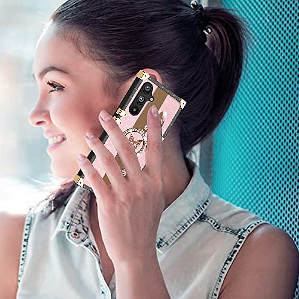 B-wishy for Samsung Galaxy A13 5G Phone Case, Glitter Crystal Butterfly Heart Floral Slim TPU Bling Diamond Rhinestone Cute for Girls Women with Ring Stand+Strap for Galaxy A13 5G(HD Pink)