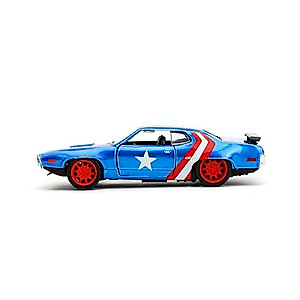 Jada 1972 Plymouth GTX Candy Blue with Red and White Stripes and Captain America Diecast Figure The Avengers Hollywood Rides Series 1/32 Diecast Model Car