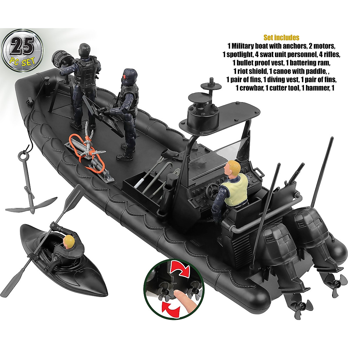 Click N’ Play Military Elite Swat Unit Force Patrol Dinghy Boat 25 Piece Play Set with Accessories - Click n Play Military Toy Boat - SWAT Toys