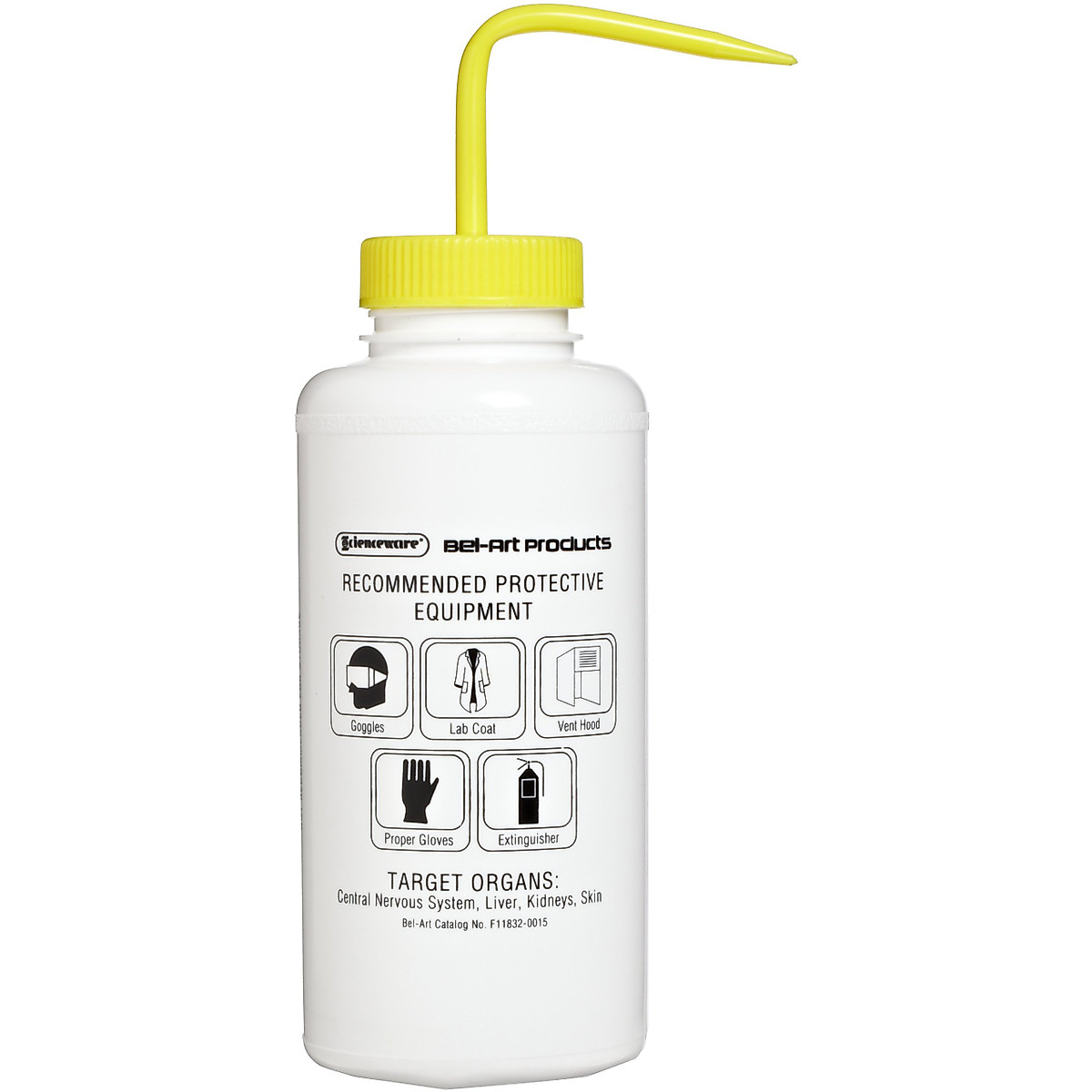 SP Bel-Art Right-to-Know Safety-Vented/Labeled 4-Color Sodium Hypochlorite (Bleach) Wide-Mouth Wash Bottles; 1000ml (32oz), Polyethylene w/Yellow Polypropylene Cap (Pack of 2) (F11832-0015)