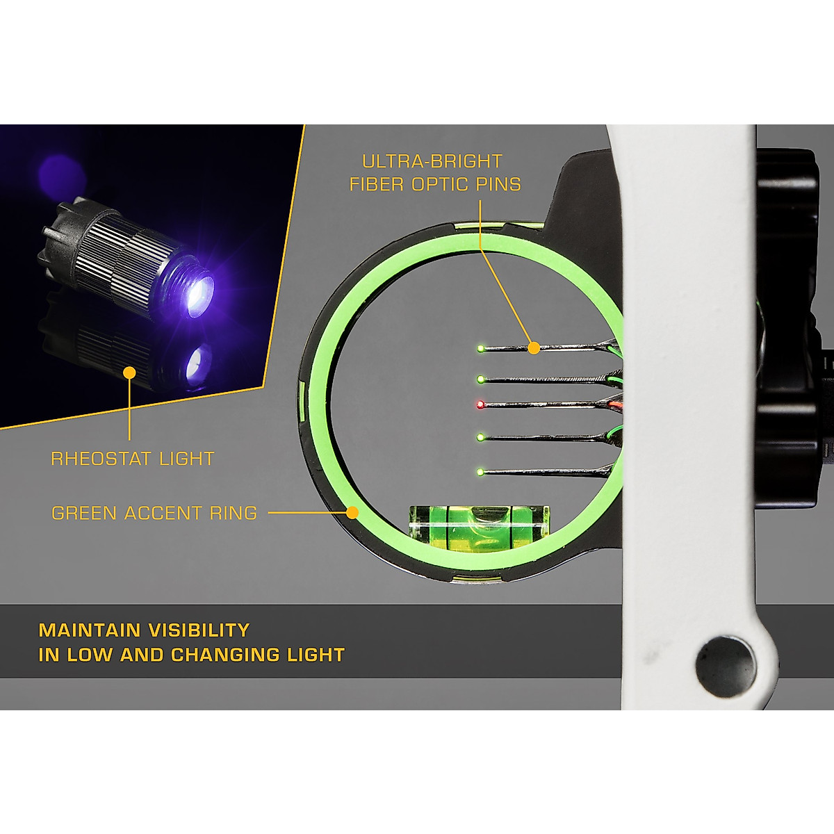 Trophy Ridge Volt 5 Pin Archery Bow Ambidextrous Sight - 5 Ultra-Bright Horizontal .019 Fiber Optic Pins, Bubble Level, Green Hood Accent for Quicker Sight Acquisition, Fiber Wrapped Pin Guard