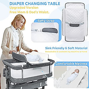 4 in 1 Baby Bassinet, Upgraded Nursery center w/ Diaper Changer, 360° Highly Visible Mesh wall, Comfy Newborn Bassinet with 5 Level Adjustable Height, Portable Baby Travel Crib for baby, Grey