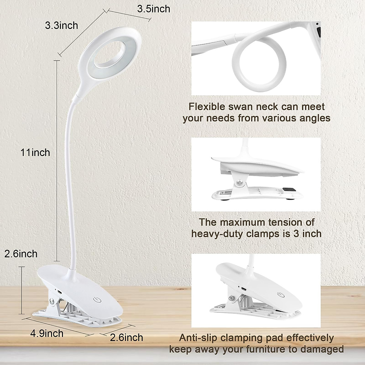 EXTRASTAR Book Light, 24 LEDs USB Reading Lamp, Clip on Light with 3 Color Modes, Touch Control Unlimited Dimmable Eye Protection Desk Light for Headboard, Home, Dormitory, Office
