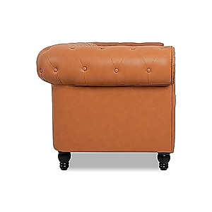Naomi Home Emery Chesterfield Sofa with Rolled Arms, Tufted Cushions / 3 Seater Sectional Sofa Couch for Small Spaces, Living Room, Bedroom, Apartment, Easy Tool-Free Assembly, Caramel, Air Leather