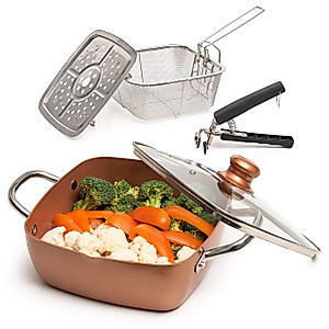 Moss & Stone 5 Pcs Copper Chef Cookware Set, 9.5” Non Stick Deep Frying Pan, Fry Basket, Steamer Rack, Dishwasher & Oven Safe, 5 Quart Deep Square Pan, Induction Copper Cookware Set - 9.5"x3.5"