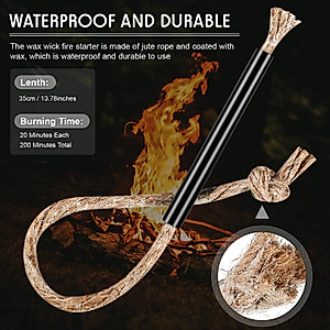 10 Pcs Tinder Fire Starter Rope with 10 Pcs Survival Wick Cord Tinder Aluminum Sleeve Tinder Tube Waterproof Wax Wick Fire Starter Accessory for Fire Starting Camping Hiking Trekking Outdoor Adventure