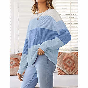 ZESICA Women's Casual Fall Long Sleeve Crew Neck Striped Color Block Loose Fit Soft Knit Oversized Sweaters Pullover Tops,Blue,Large