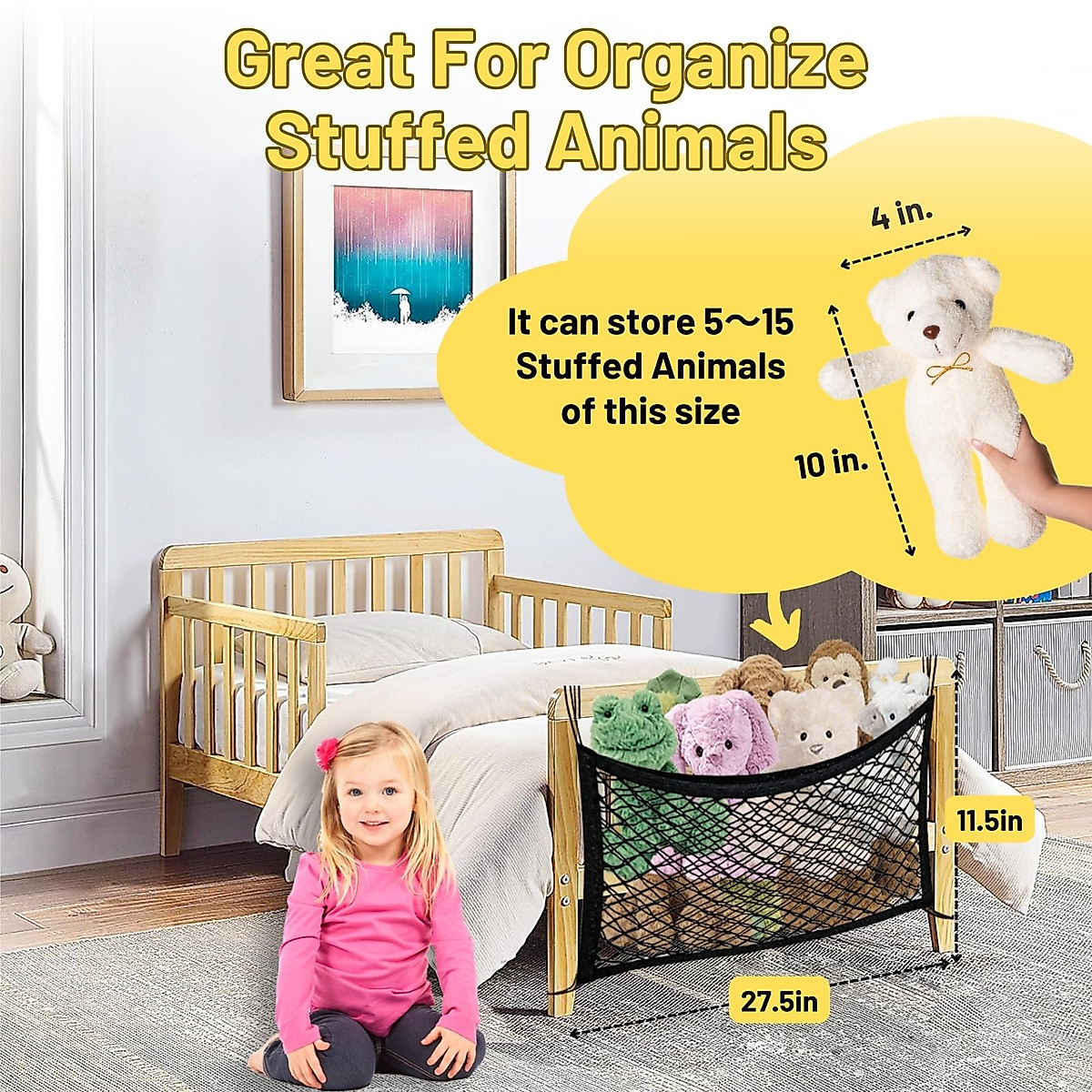Stuffed Animal Storage Net for Kids, Bedside Toy Organizer Net - Neatly Store Your Stuffed Animals, Elastic Bedside Stuffed Animal Storage Net with Tether, Stretches up to 32 Inches, Black
