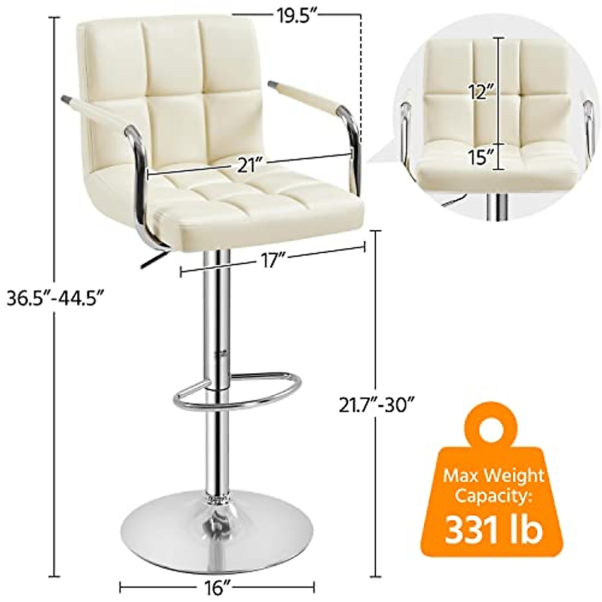 Yaheetech Tall Bar Stools Set of 2 Modern Square PU Leather Adjustable BarStools Counter Height Stools with Arms and Back Bar Chairs 360° Swivel Stool, Beige