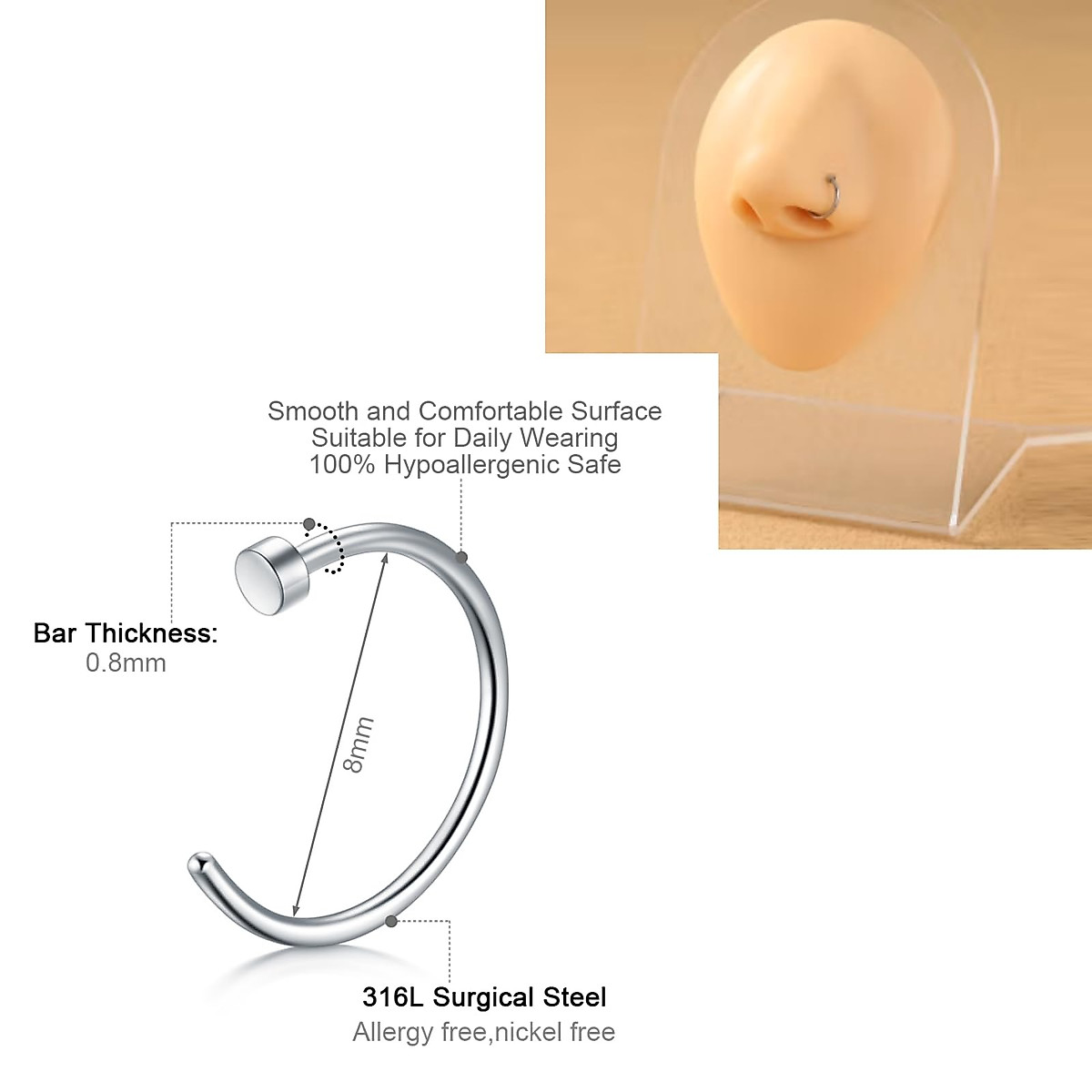 AVYRING 22G or 20G Nose Rings Hoop Stainless Steel Nose Nostril Septum Rings Lip rings Medusa Piercing Jewelry