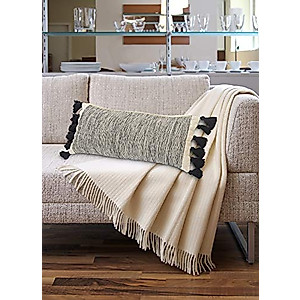 LR Home Distressed Fringe Pillow, 28"x12", Gray/Black/Ivory