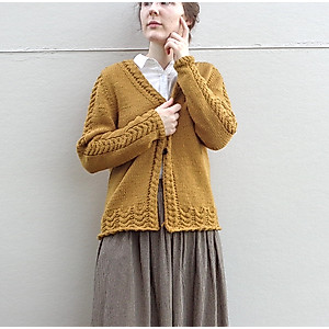 Mustard Gold Cardigan Sweater with Cable Design, Hand Knit, Merino Wool Acrylic, Womens size M L, Long Sleeves, Button Front, Basic Cardi