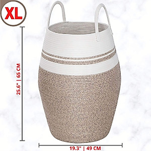 MINTWOOD Design Extra Large 25.6 Inches High Decorative Woven Cotton Rope Basket, Tall Laundry Hamper with Handles, Blanket Basket Living Room, Storage Baskets for Toys, Throws, Pillow, Towel, Brown