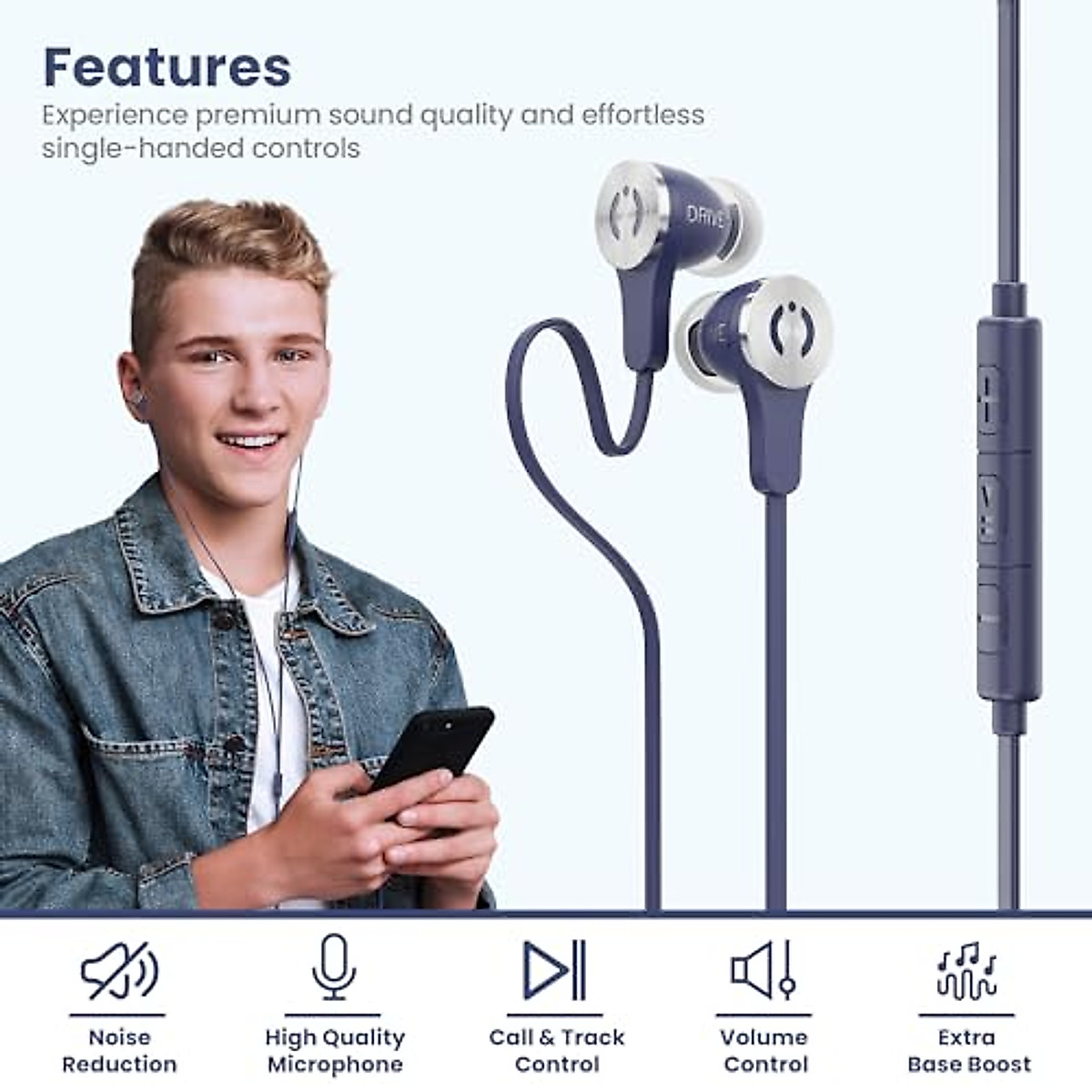 MuveAcoustics Drive Premium Headphones Wired Earbuds with Microphone, Best for Computer Gaming Android Phones Corded Earphones with mic, Airplane Travel Case Ear Buds Plug in 3.5mm cord, Flagship Blue