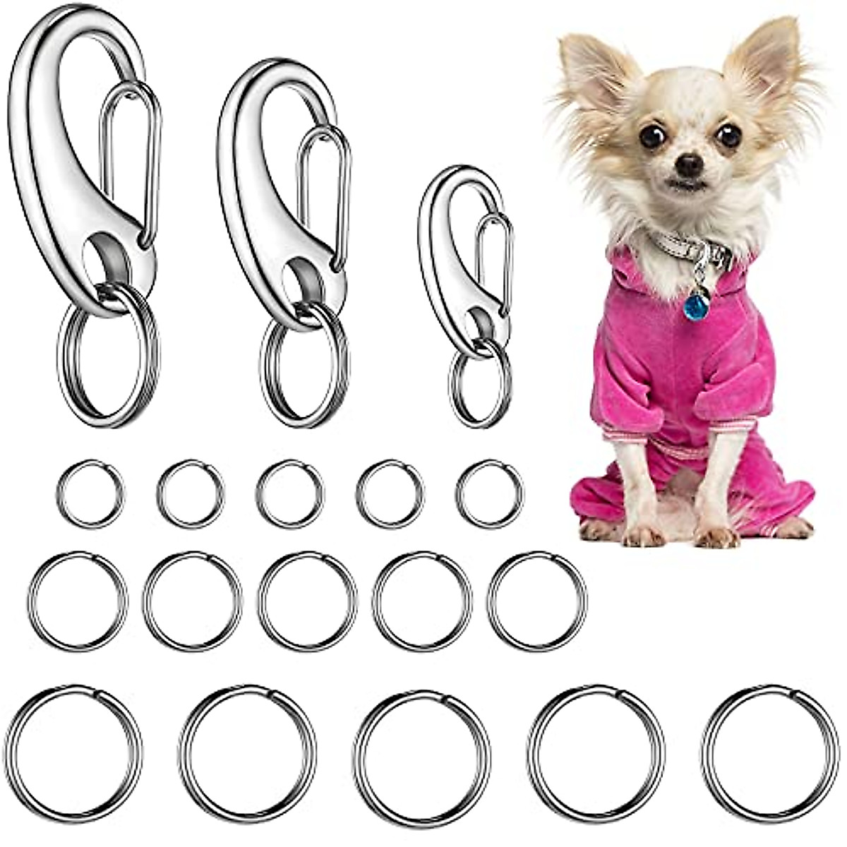 18 Pieces Leash Dog Tag Clip Pet ID Tag Pet Tag Clip Quick Clip Combos Durable Dog ID Tag with Rings, Stainless Steel Quick Clips Pet ID Tag Holder for Dog Cat (Silver, 1.9 Inch，1.3 Inch，0.8 Inch)