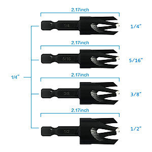 Wood Plug Cutters, 4 pcs Straight Wood Plug Cutters & 4 pcs Tapered Plug Cutters Set with 1/4 Hex Shank, Taper Cutting Tool Cork Drill Bit Knifes in 4 Sizes 1/4", 5/16", 3/8", and 1/2" Black