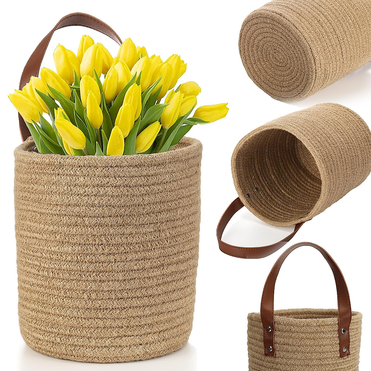 YOUEON Set of 2 Jute Hanging Basket 7.8" x 6.7", Wall Hanging Planter Baskets, Jute Woven Hanging Storage Baskets, Small Woven Baskets for Sunglasses Wallet Keys Flower Plants Towels Toys