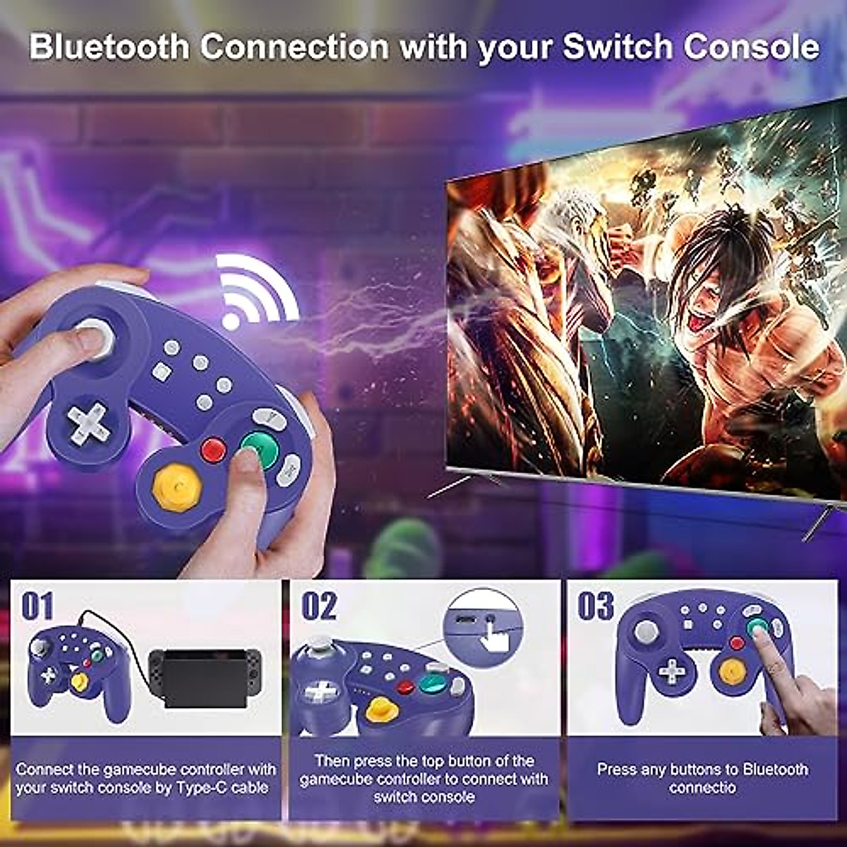ADHJIE Gamecube Controller for Switch Nintendo,Wireless Gamecube Switch Controller for Nintendo Switch/PC/Steam,6-Axis Gyro Motion,One-Button Wake Up & Auto Turbo, Purple