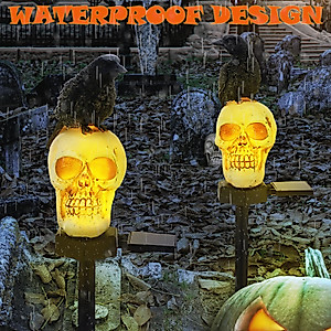 Retisee 2 Pcs Skull Halloween Lights Crow on Skull Solar Pathway Lights Outdoor Decorations Waterproof Scary Skeleton LED Lights for Patio Lawn Yard Garden Home,2 Styles