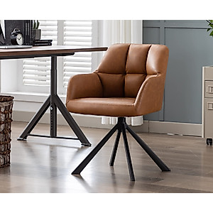 EALSON Comfy Leather Desk Chair Modern Computer Task Chair no Wheels Swivel Accent Chair with Mid Back Arm Chair for Living Room/Bedroom/Home Office, PU Brown