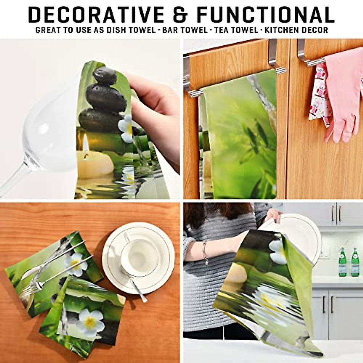 CHIFIGNO Meditation Bamboo Stalks Candle Basalt Stones Kitchen Towels Soft Absorbent Kitchen Hand Towels Cleaning Cloths Reusable Tea Towels Bar Towels 28 x 18 inches