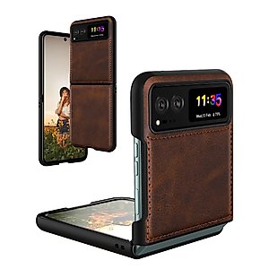 Foluu for Motorola Razr 2023 Case [Not fit Razr Plus 2023], Moto Razr 2023 Leather Case, PU Leather + Hard PC Shell Ultra Thin Slim Durable Protective Phone Case Cover for Motorola Razr 2023 Brown